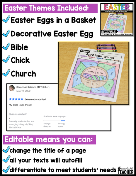 Editable Easter Color-by-Code Activities – A Teachable Teacher