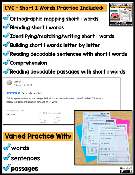 Phonics Short I CVC Words Science of Reading Worksheets: Decodables, W ...