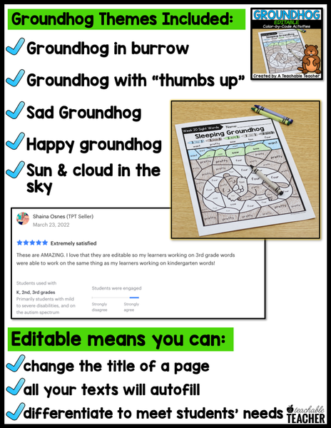 Editable Groundhog Day Color-by-Code Activities – A Teachable Teacher