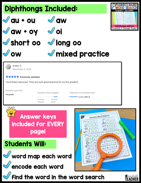 Diphthongs Worksheets Phonics Word Search: Write & Find Words with Dip ...