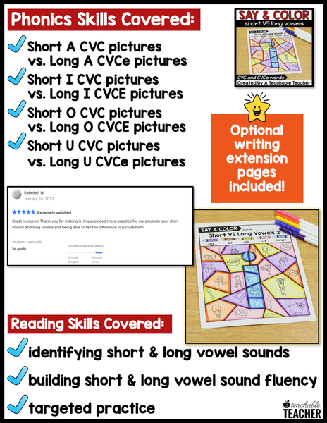 Say and Color - Short VS Long Vowels - CVC and CVCe Words – A Teachable ...