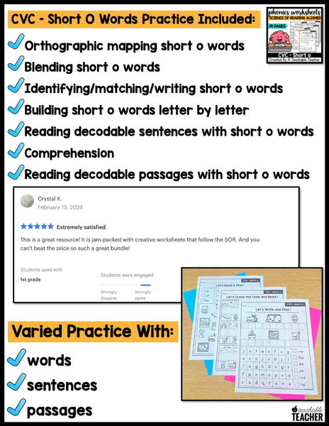 Phonics Short O CVC Words Science of Reading Worksheets: Decodables, W ...