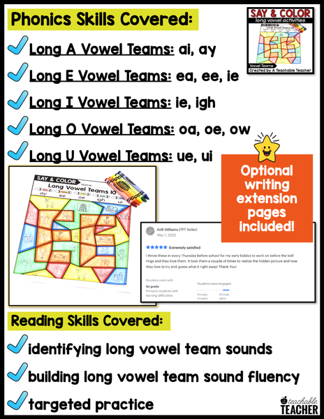 Say and Color - Long Vowel Activities - Vowel Teams – A Teachable Teacher