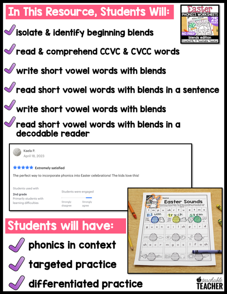Easter Blends Activities- NO PREP Phonics Worksheets – A Teachable Teacher