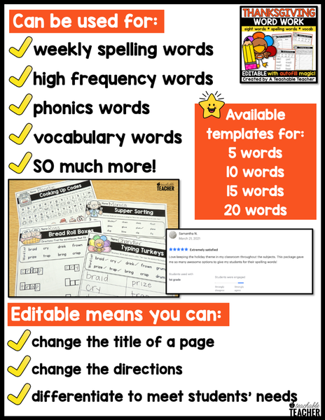 Editable Thanksgiving Word Work – A Teachable Teacher