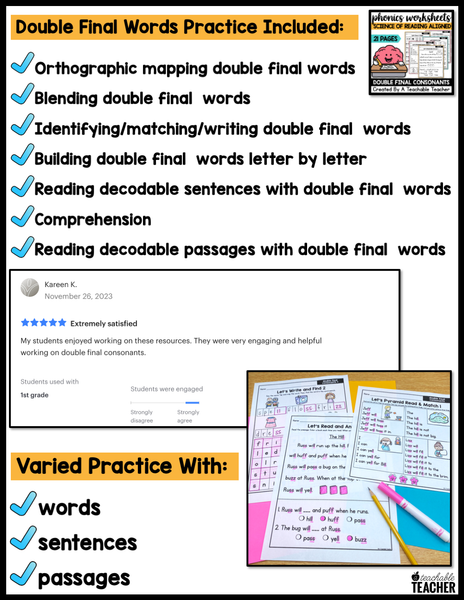 Double Final Consonants Phonics Worksheets- The Science of Reading – A ...