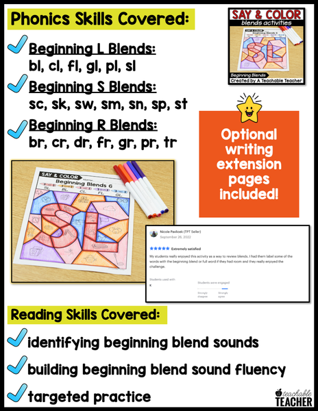 Say and Color - Blends Activities - Beginning Blends – A Teachable Teacher