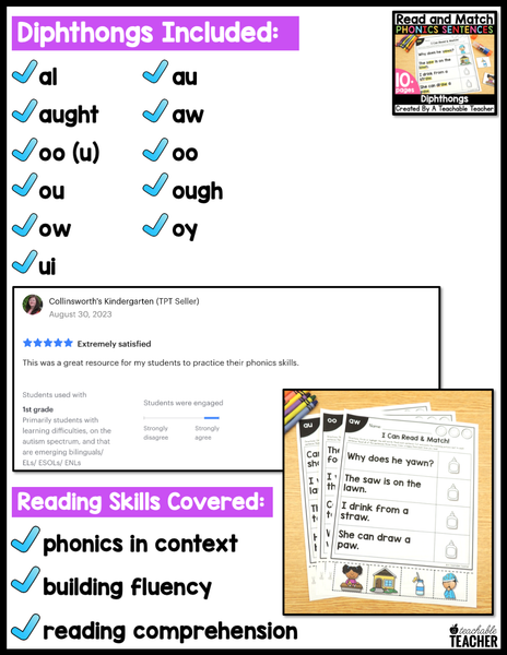 Read and Match Phonics Sentences - Diphthongs – A Teachable Teacher