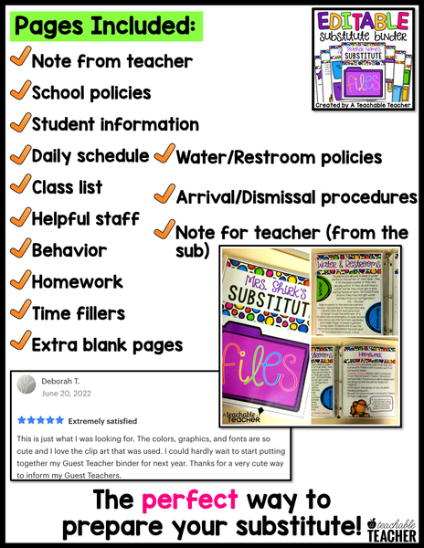 Editable Substitute Binder – A Teachable Teacher