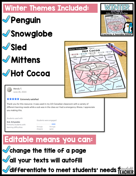 Editable Winter Color-by-Code Activities – A Teachable Teacher