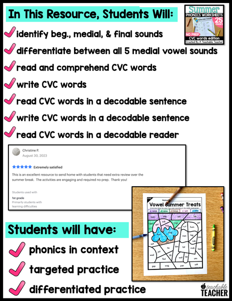 Summer Review CVC Activities- NO PREP Phonics Worksheets – A Teachable ...
