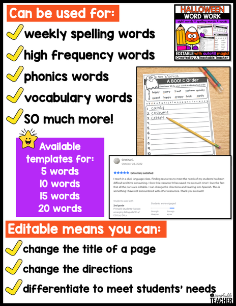 Editable Halloween Word Work – A Teachable Teacher