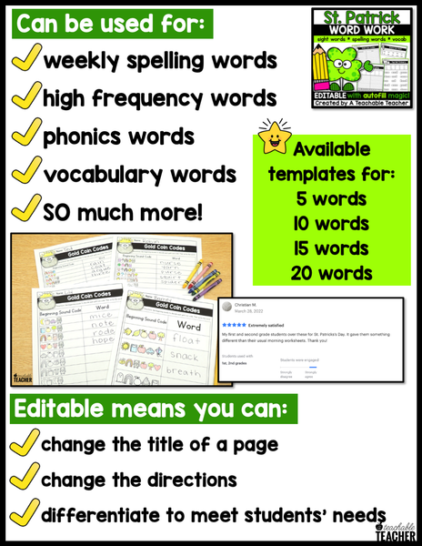 Editable St. Patrick's Day Word Work – A Teachable Teacher