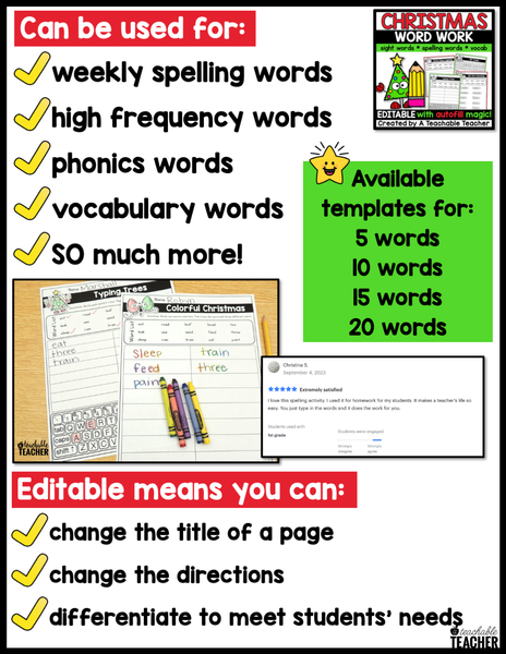 Editable Christmas Word Work – A Teachable Teacher