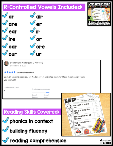 Read and Match Phonics Sentences - R-Controlled Vowels – A Teachable ...