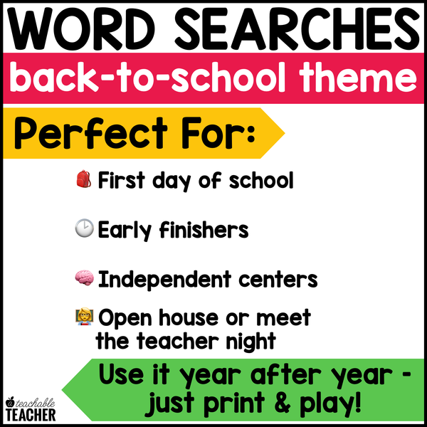 Back to School Themed Word Searches – A Teachable Teacher