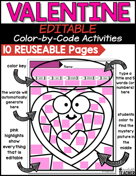 Editable Valentine's Day Color-by-Code Activities – A Teachable Teacher