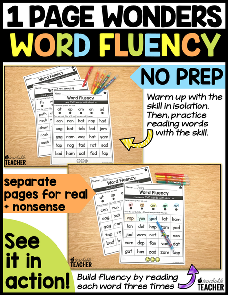 1 Page Wonders for Building Word Fluency – Short Vowels – A Teachable ...