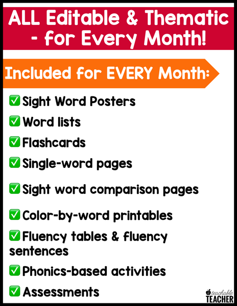 Editable Monthly High Frequency Word Printables - The BUNDLE – A ...