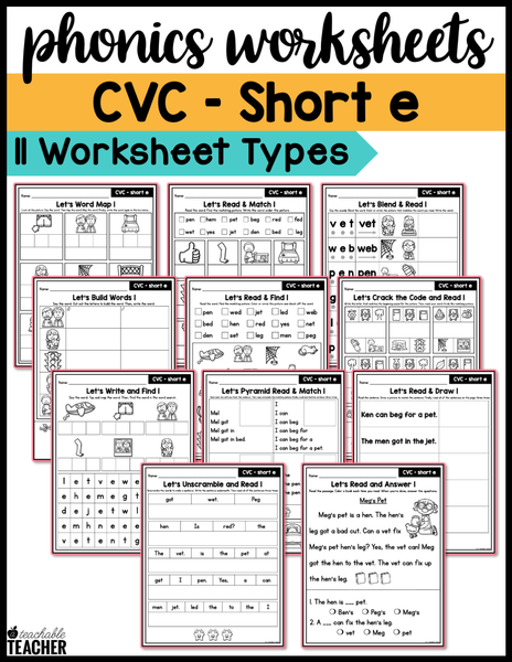 Phonics Short E CVC Words Science of Reading Worksheets: Decodables, W ...