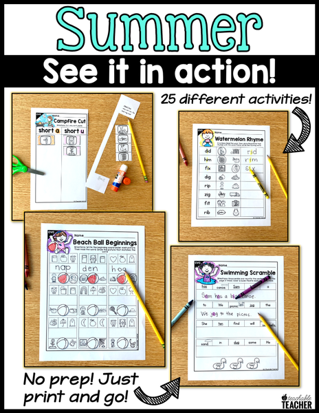 Summer Review CVC Activities- NO PREP Phonics Worksheets – A Teachable ...