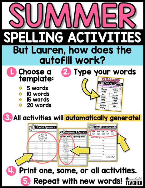Summer Spelling Activities - EDITABLE – A Teachable Teacher