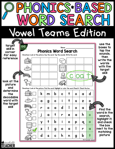 Vowel Teams Worksheets Phonics Word Search: Write & Find Words with Lo ...