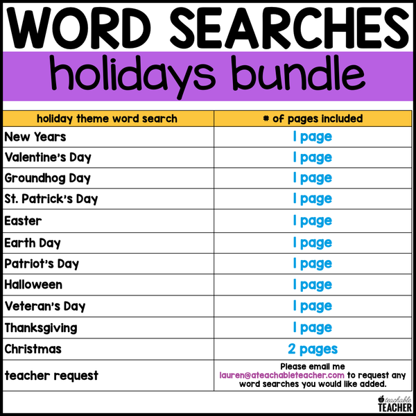 Holiday Themed Word Search BUNDLE – A Teachable Teacher