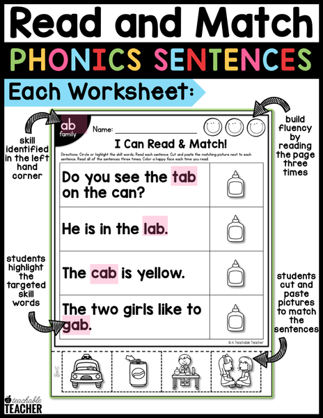 Read and Match Phonics Sentences - CVC Word Families – A Teachable Teacher