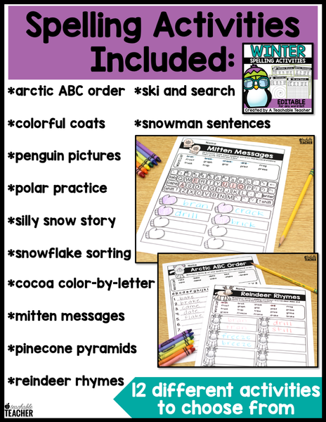 Winter Spelling Activities - EDITABLE – A Teachable Teacher