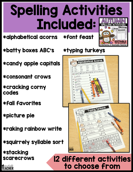 Fall Spelling Activities - EDITABLE – A Teachable Teacher
