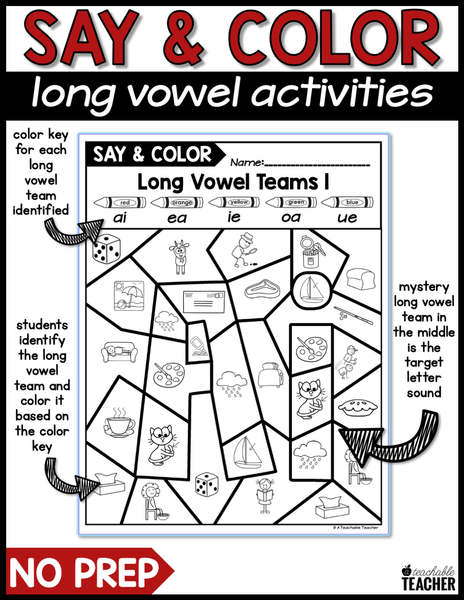 Say and Color - Long Vowel Activities - Vowel Teams – A Teachable Teacher