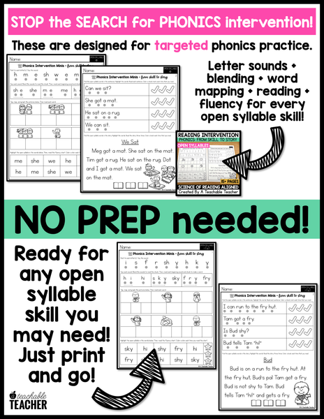 Open Syllable Words- Worksheets for Reading Intervention – A Teachable ...