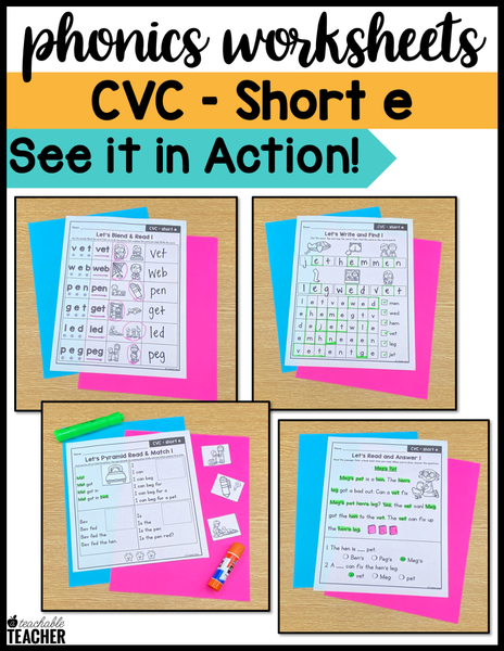 Phonics Short E CVC Words Science of Reading Worksheets: Decodables, W ...