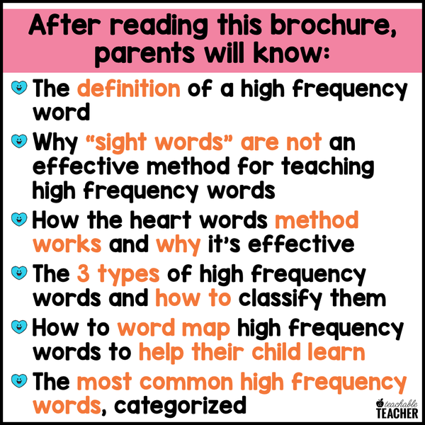 Heart Words Parent Letter Brochure for SOR High Frequency Words – A ...