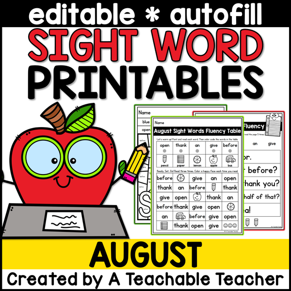 August Editable High Frequency Word Printables – A Teachable Teacher