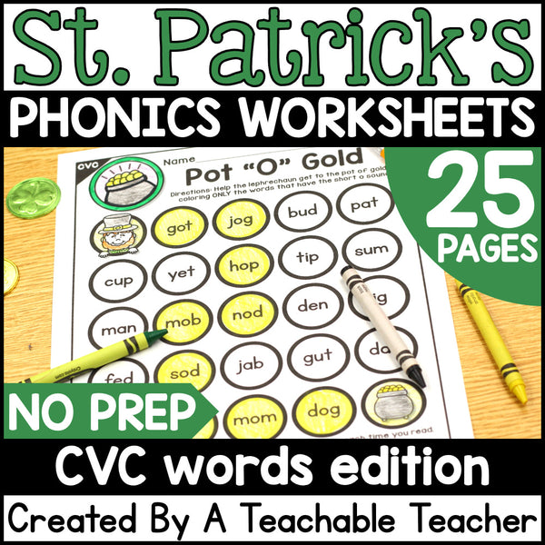 St. Patrick's Day CVC Activities- NO PREP Phonics Worksheets – A ...