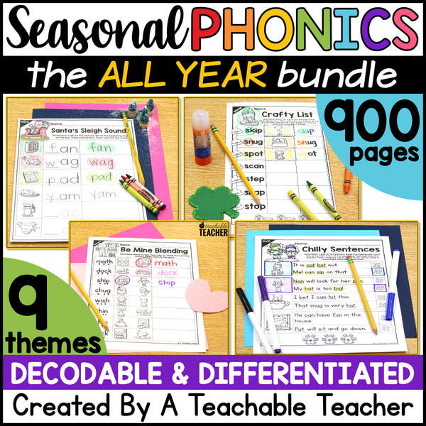Phonics Worksheets Seasonal ALL YEAR Bundle- NO PREP – A Teachable Teacher