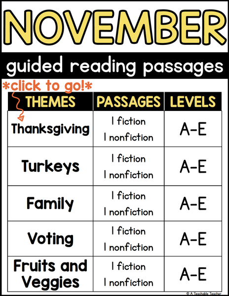November Guided Reading Passages - Levels A-E – A Teachable Teacher