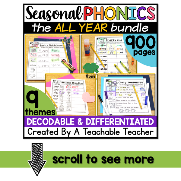 Phonics Worksheets Seasonal ALL YEAR Bundle- NO PREP – A Teachable Teacher