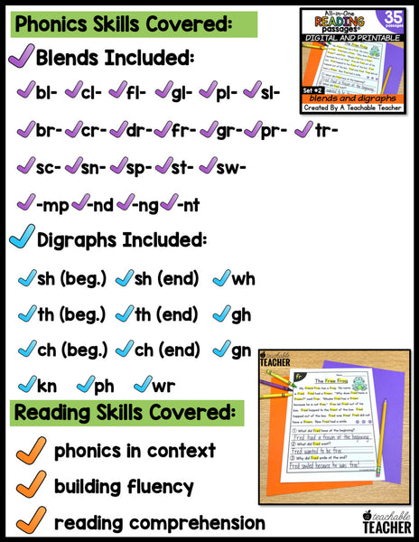 All-in-One Reading Passages - Blends and Digraphs Set #2 – A Teachable ...