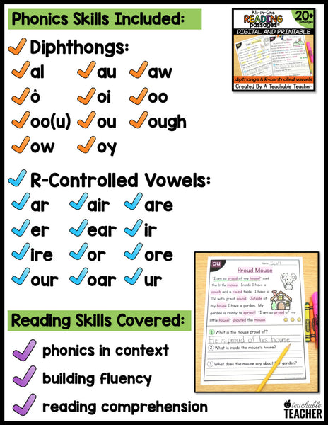 All-in-One Reading Passages - Diphthongs and R-Controlled Vowels – A ...