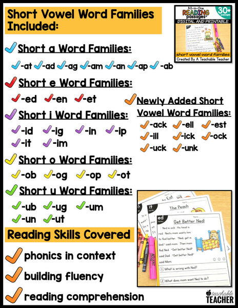 All-in-One Reading Passages - Short Vowel Word Families – A Teachable ...