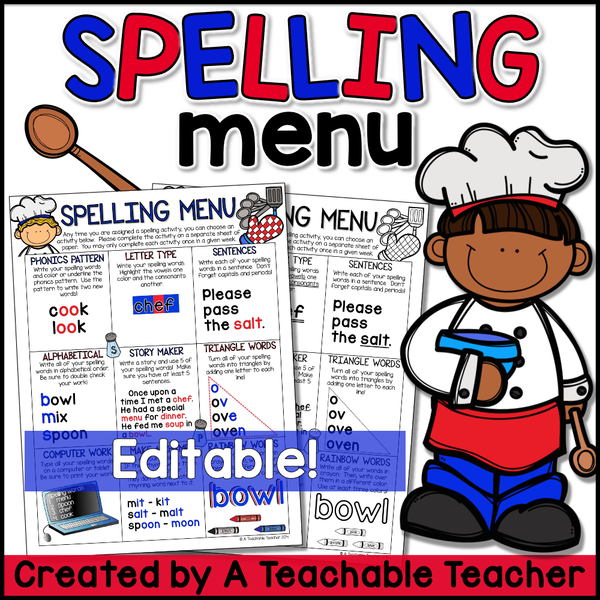 Editable Spelling Menu – A Teachable Teacher