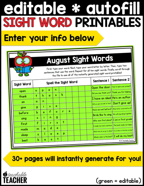 August Editable High Frequency Word Printables – A Teachable Teacher