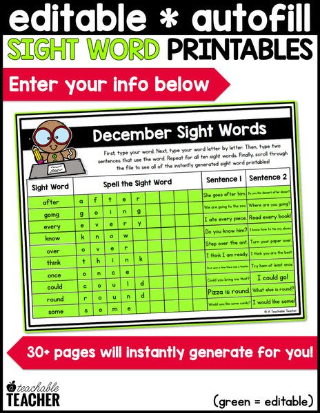 December Editable High Frequency Word Printables – A Teachable Teacher