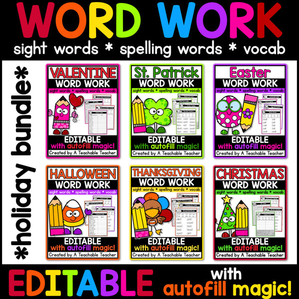 Editable Holiday Word Work- The BUNDLE – A Teachable Teacher