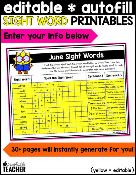 June Editable High Frequency Word Printables – A Teachable Teacher