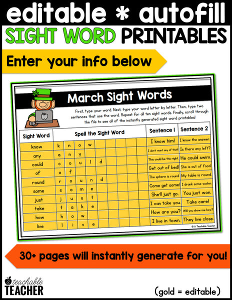 March Editable High Frequency Word Printables – A Teachable Teacher
