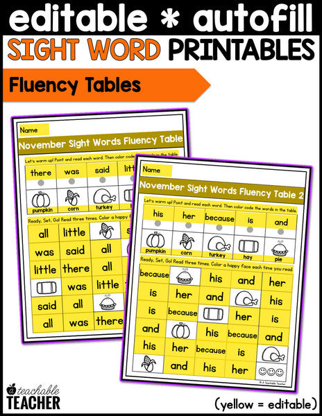 November Editable High Frequency Word Printables – A Teachable Teacher